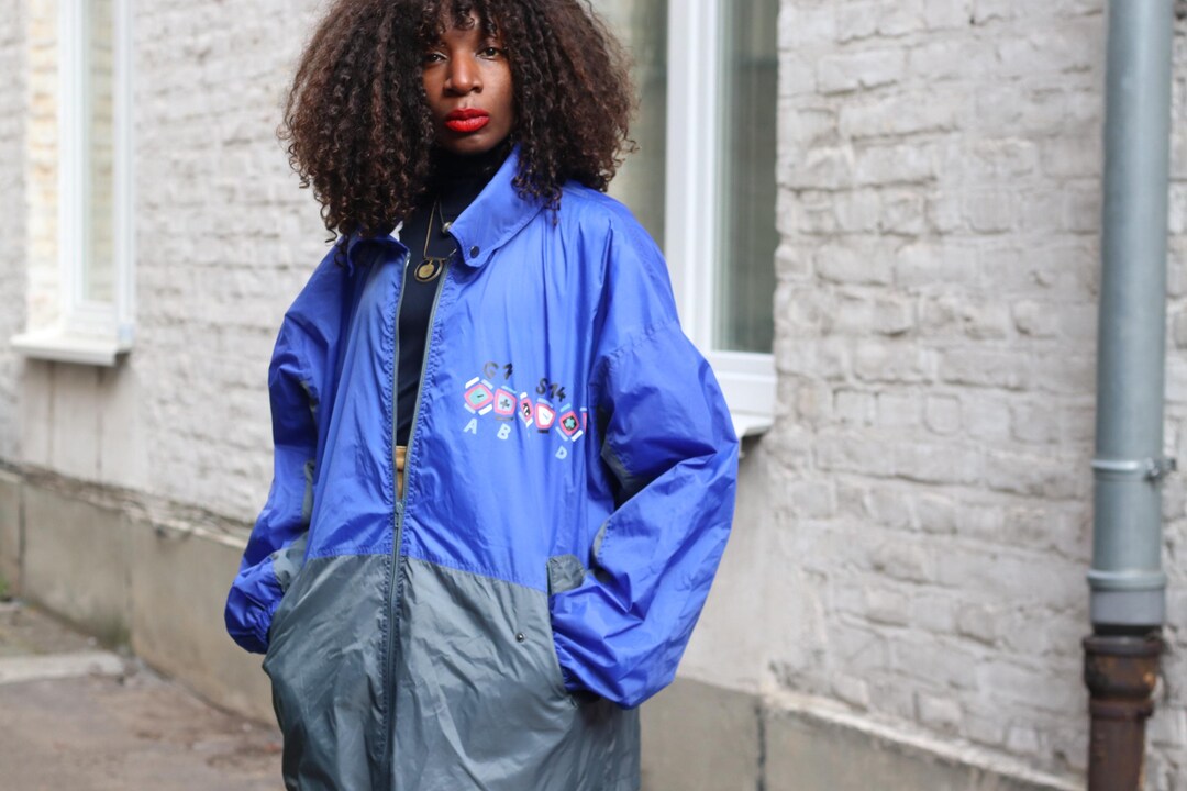 Marcel Clair Vintage 90s Windbreaker Jacket| Blue Grey Oversized L ...