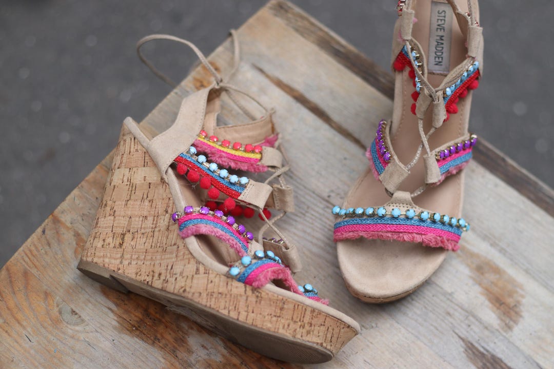 Y2K Steve Madden Wedges | Vintage Embellished Cork Platform Sandals ...