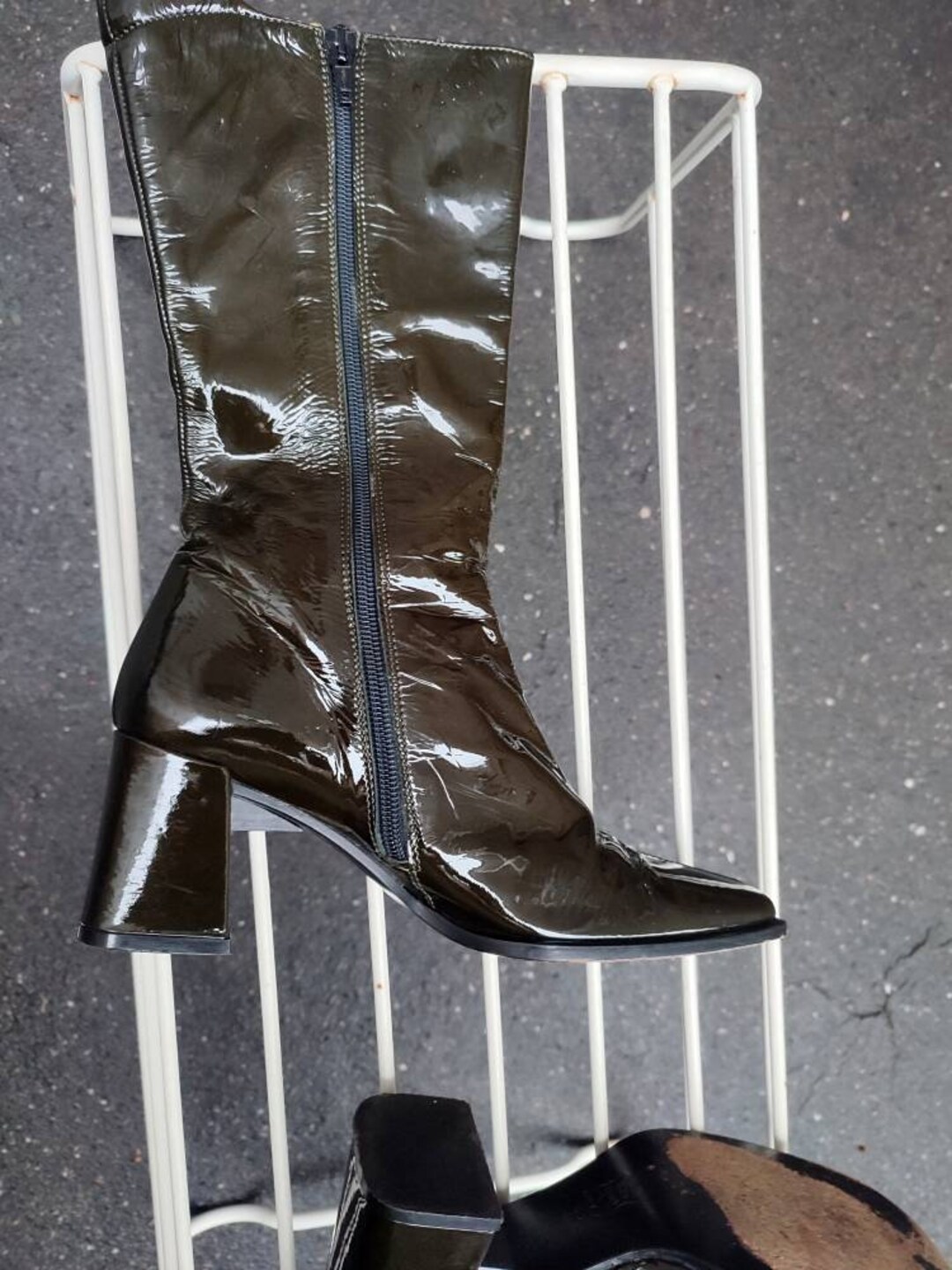 Y2k Leather Boots Green Statement Block Heel Boots Made in Italy ...