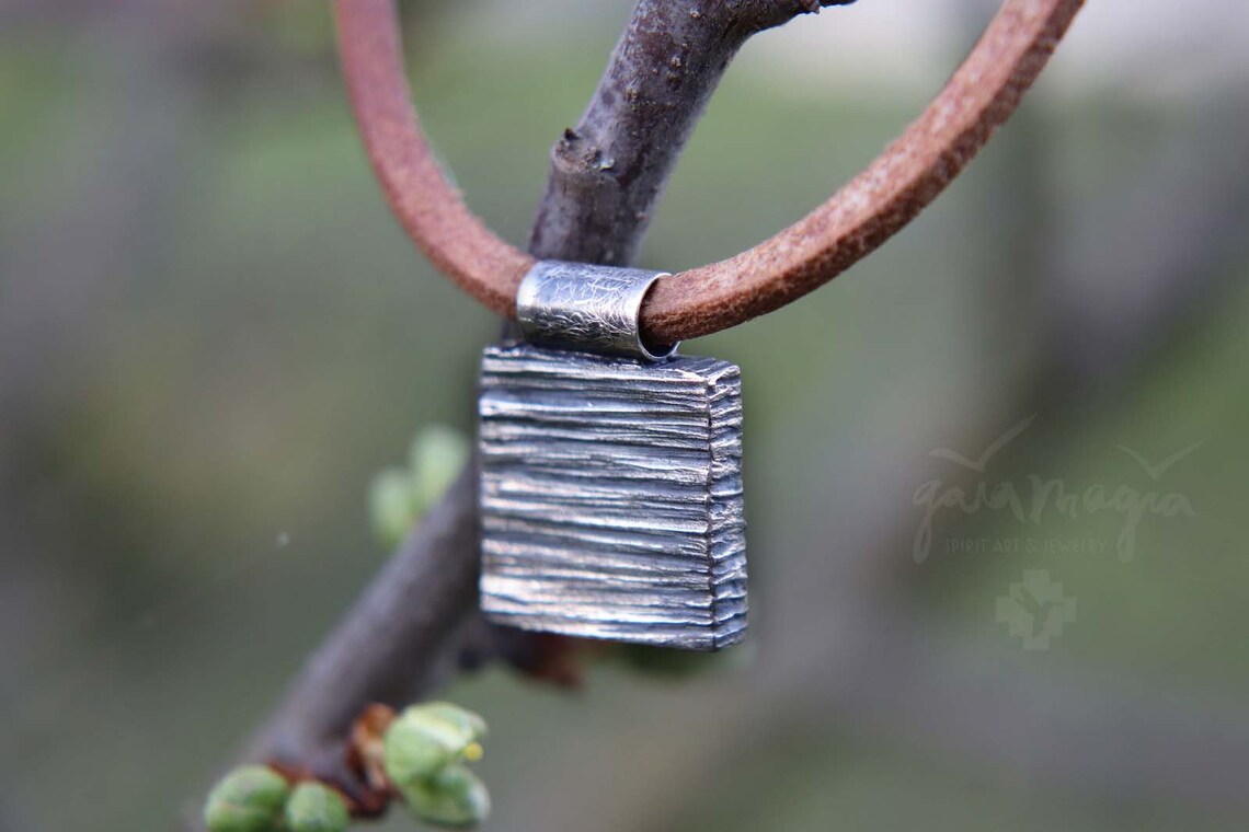 Men's Leather Necklace STRUCTURE Rustic Men's Silver Pendant Square ...