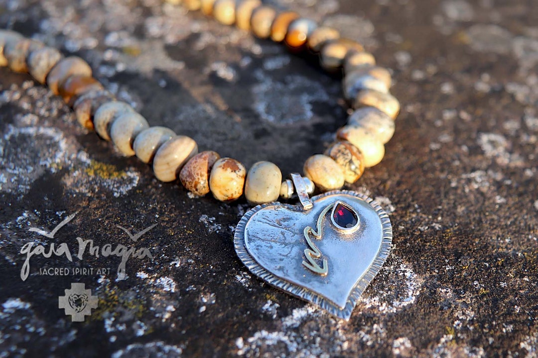 Heart Amulet THUNDERHEART Heart Necklace With Jasper and Garnet Heart ...
