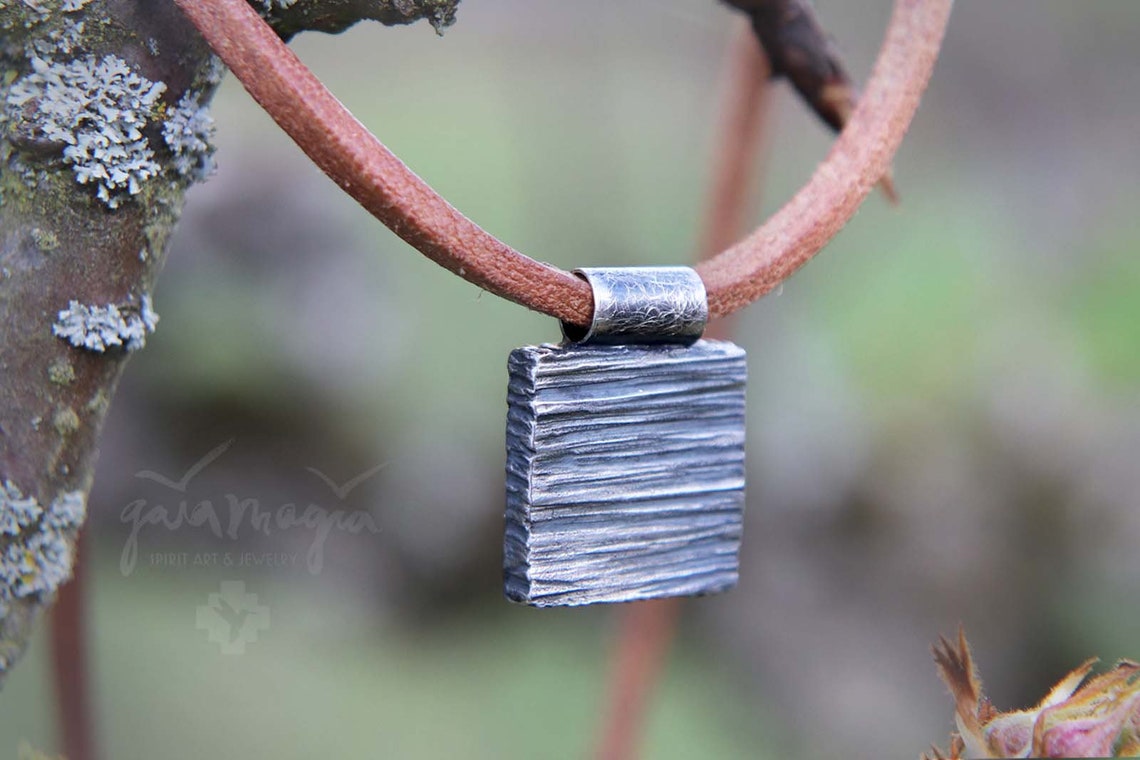 Men's Leather Necklace STRUCTURE Rustic Men's Silver Pendant Square ...