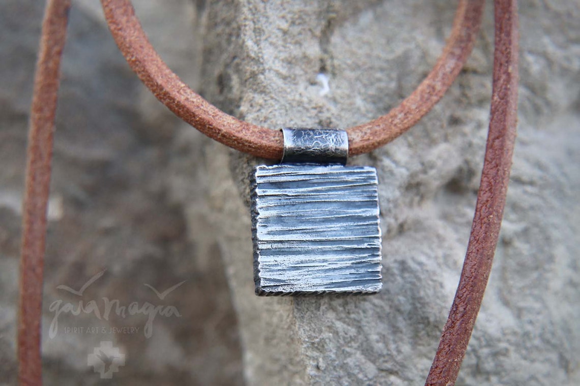 Men's Leather Necklace STRUCTURE Rustic Men's Silver Pendant Square ...