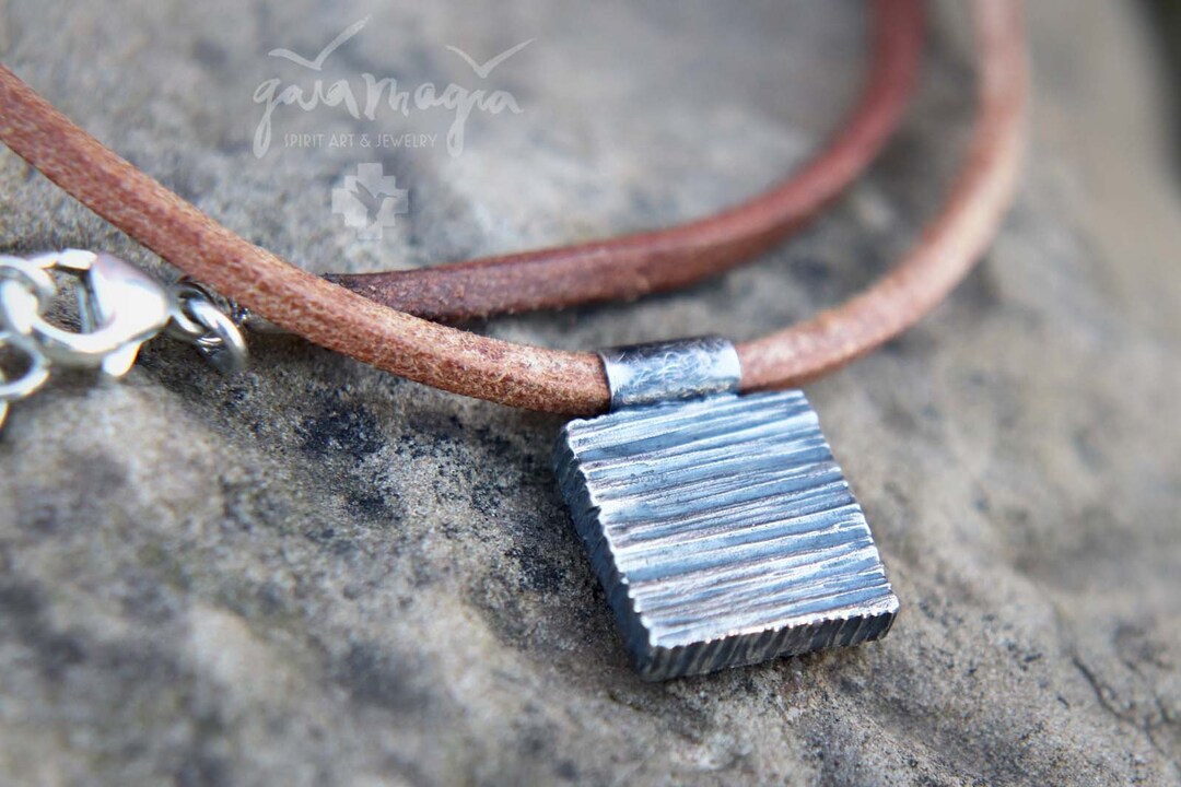 Men's Leather Necklace, Textured Rustic Men's Silver Pendant, Square ...