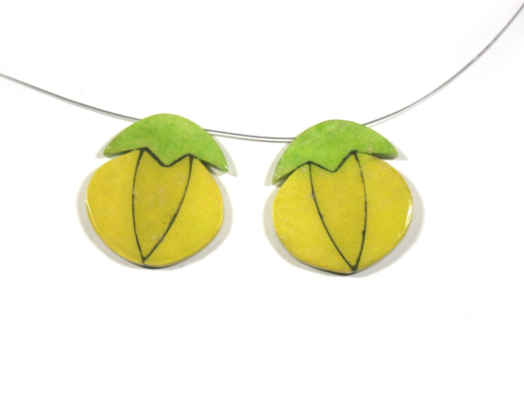 Vintage Handmade Limestone Fruit Beads - Yellow & Green Pendant Bead ...