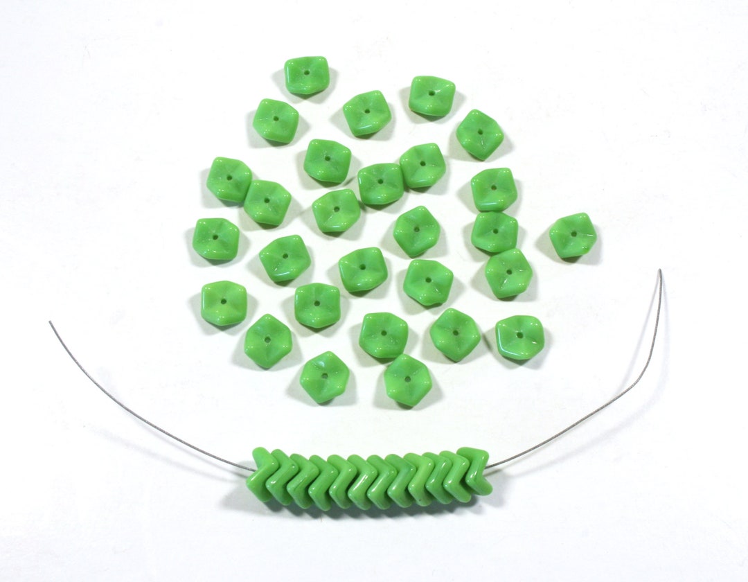 40 Vintage Czech Glass Green Stacking Zig Zag Chevron Beads - 10x5mm ...