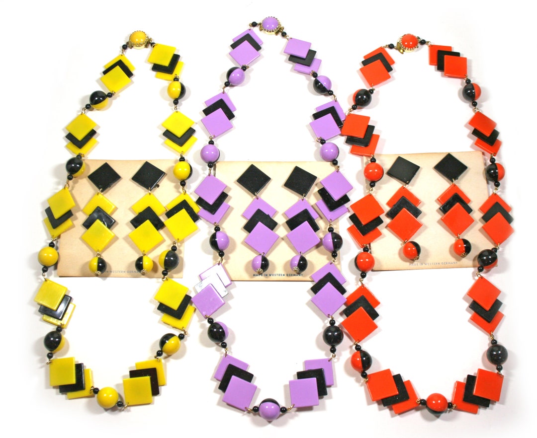 1960s West Germany Necklace & Earrings Set - New Vintage Mod Plastic Dangle Clip-on Earrings ...
