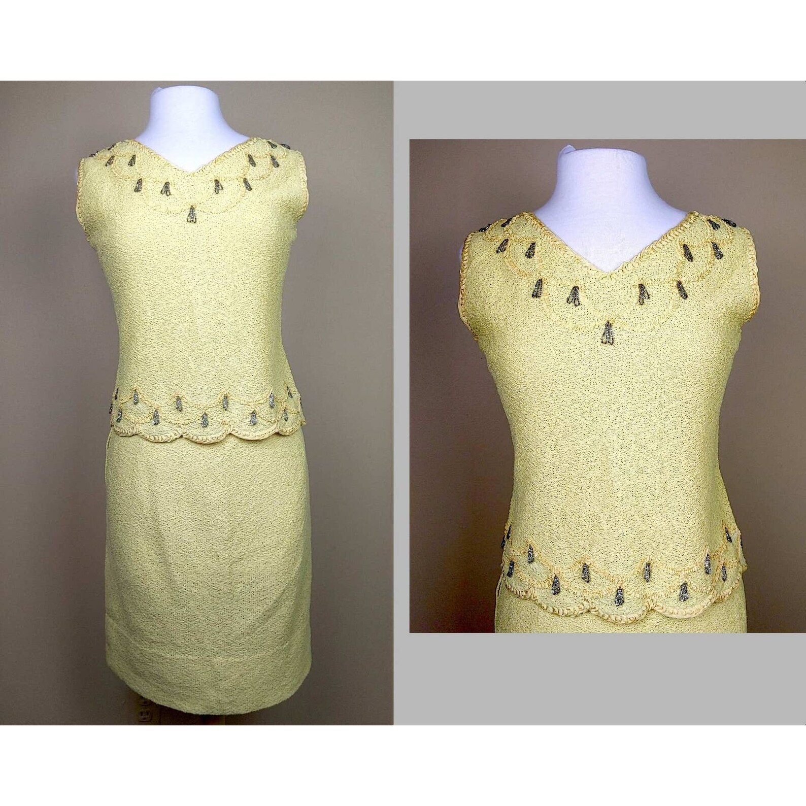 60s Yellow Knit Sleeveless Top and Skirt, Vintage 2 Piece Wedding Guest ...