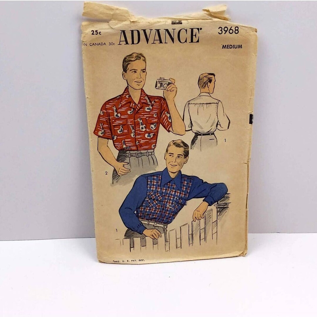 1950s Men's Medium Button Down Collared Shirt Sewing Pattern, Advance ...
