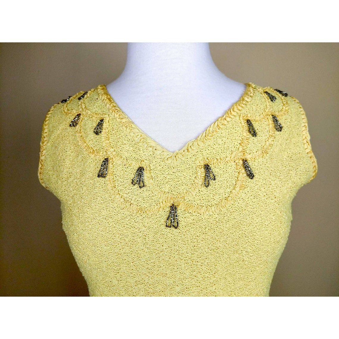 60s Yellow Knit Sleeveless Top and Skirt, Vintage 2 Piece Wedding Guest ...