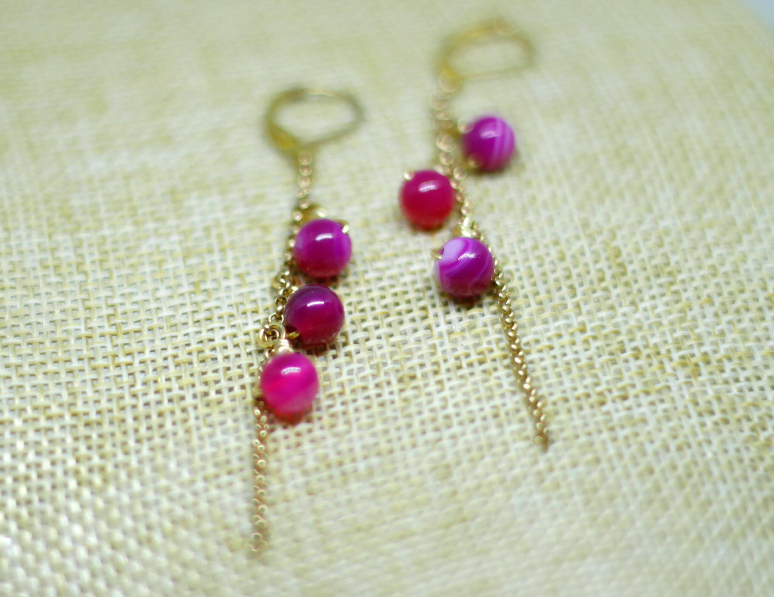Long Dangle Chain Earrings, Pink Agate Fuchsia, Wedding Drop Earrings ...