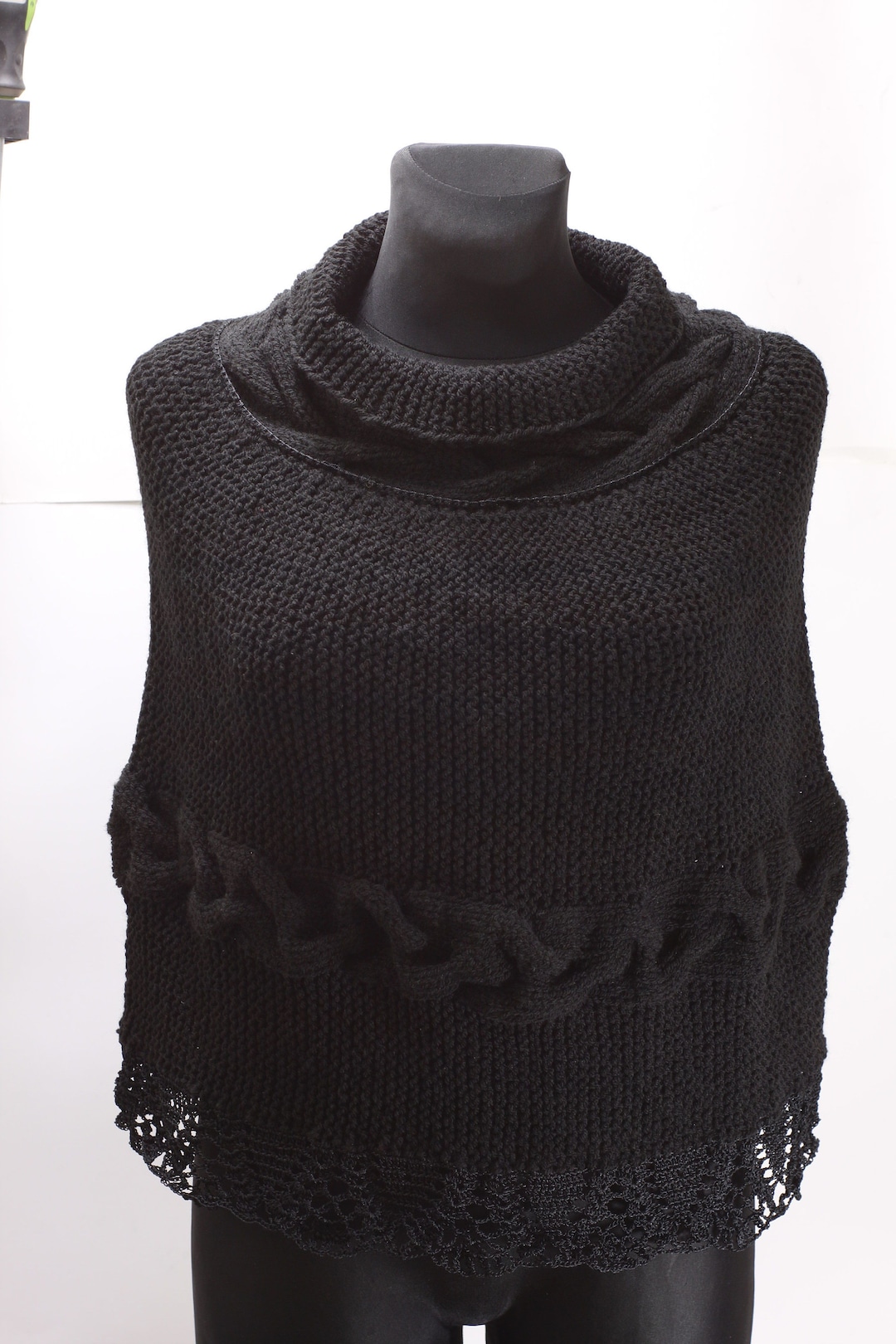 Black Knit Poncho, Hand Knitted Capelet Shoulders Cover, Gothic Poncho ...