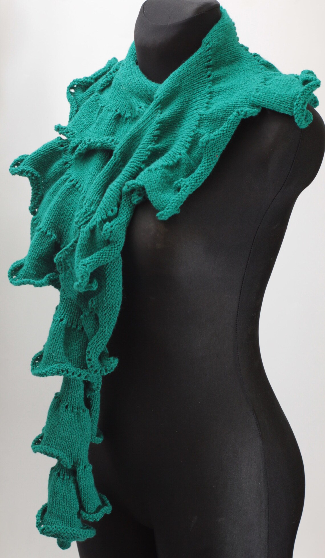 Hand Knitted Green Scarf Long Ruffles Shawl Unique Knitted - Etsy