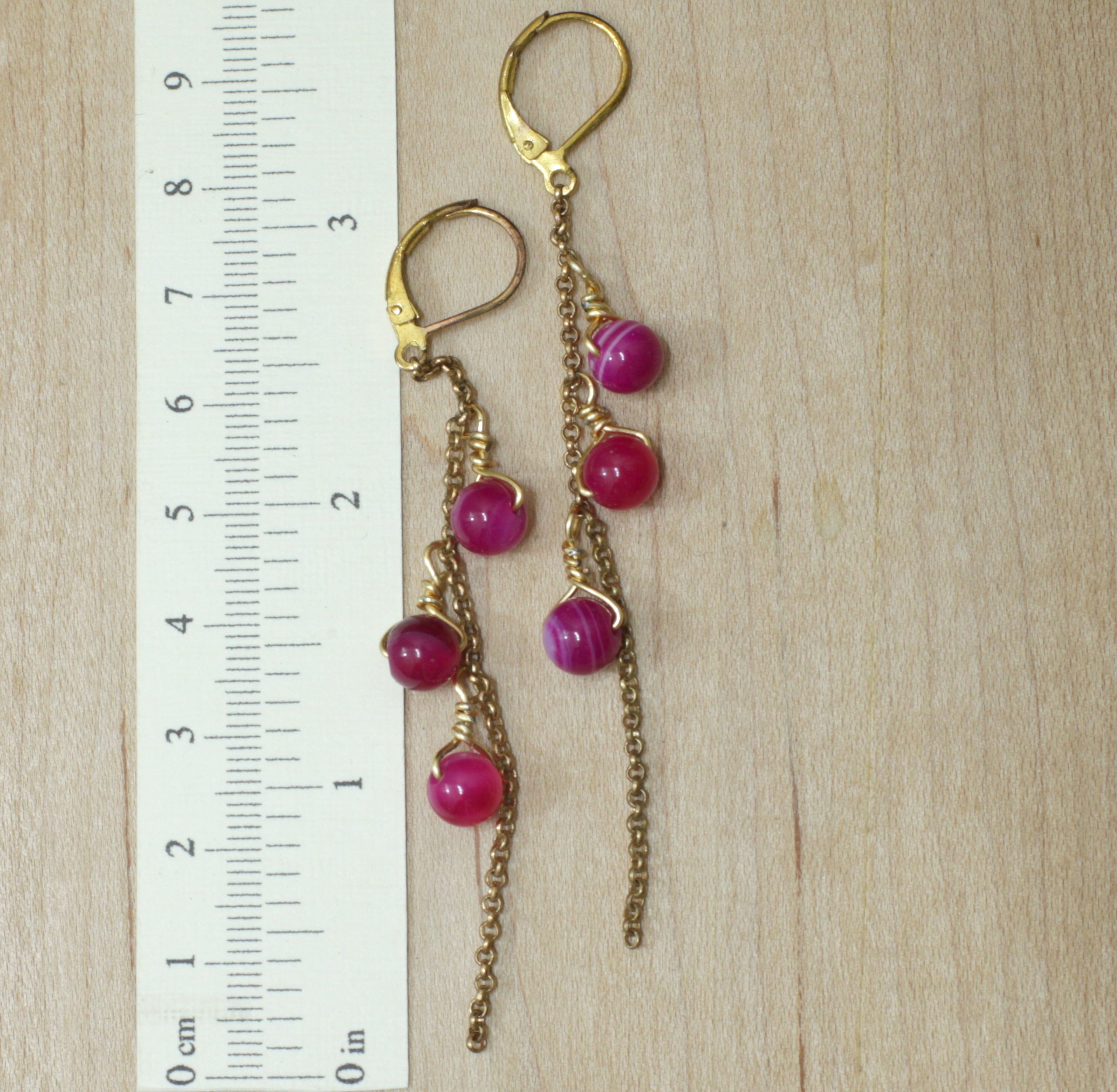 Long Dangle Chain Earrings, Pink Agate Fuchsia, Wedding Drop Earrings ...