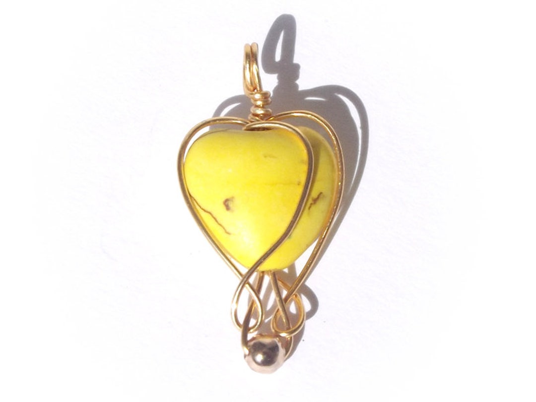 Yellow Howlite Heart Necklace: Gold Plated Wire Wrapped Pendant - Etsy