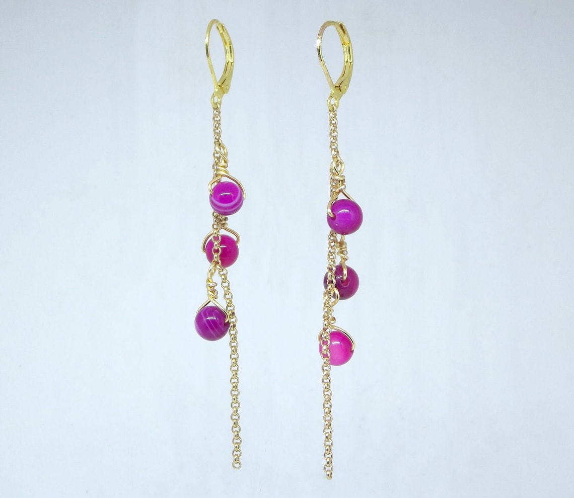Long Dangle Chain Earrings, Pink Agate Fuchsia, Wedding Drop Earrings ...