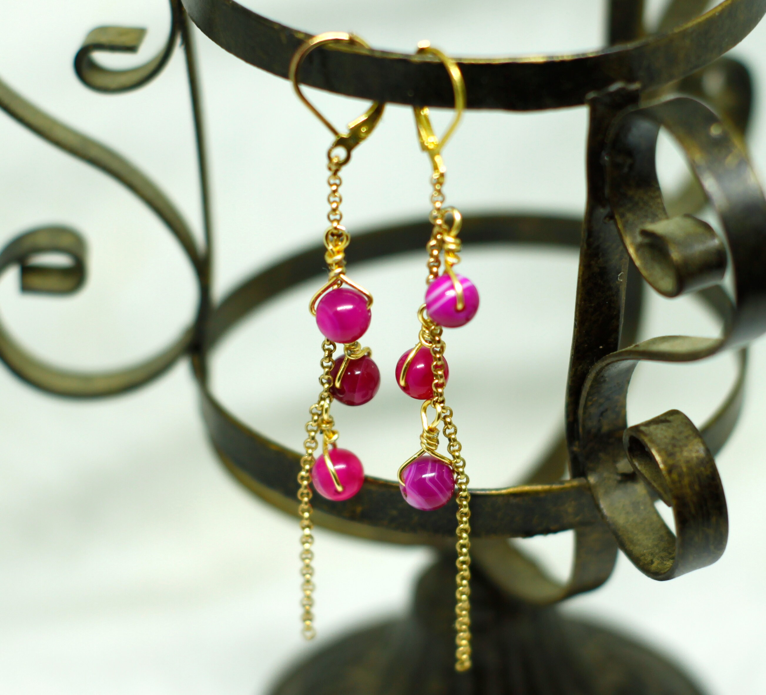 Long Dangle Chain Earrings, Pink Agate Fuchsia, Wedding Drop Earrings ...