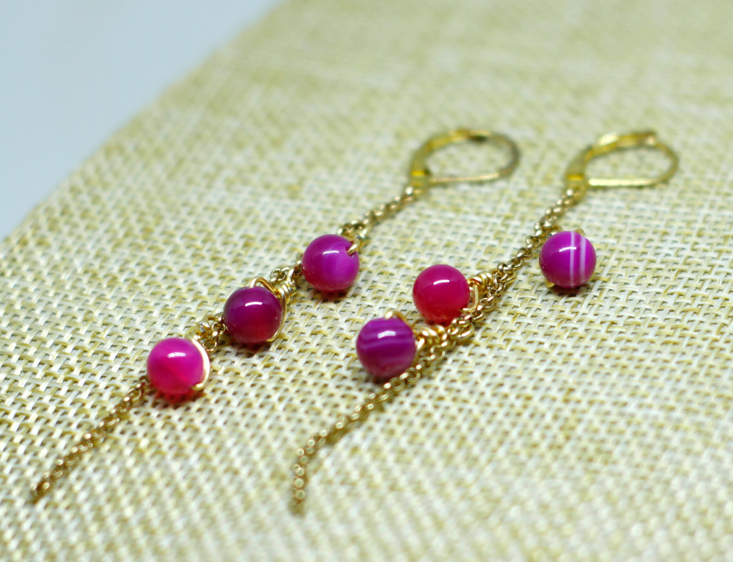 Long Dangle Chain Earrings, Pink Agate Fuchsia, Wedding Drop Earrings ...