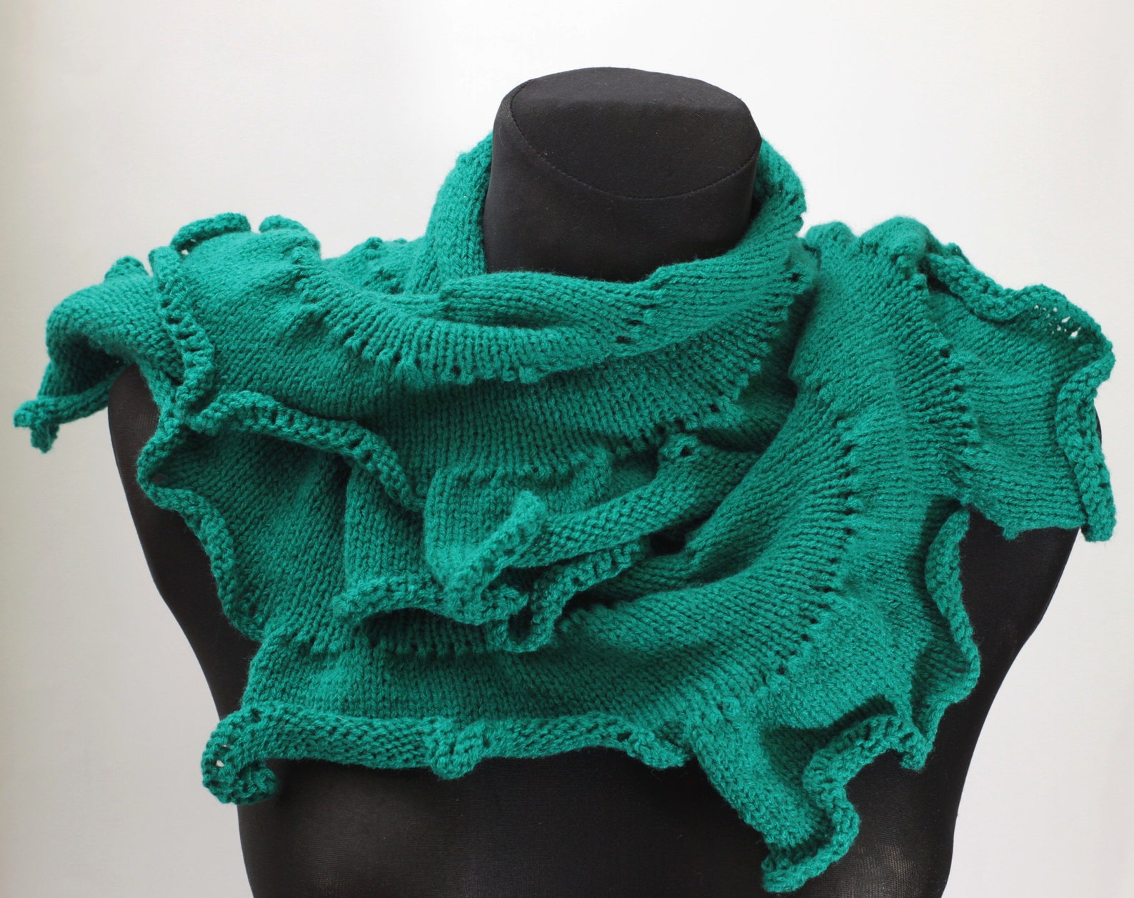 Hand Knitted Green Scarf Long Ruffles Shawl Unique Knitted - Etsy