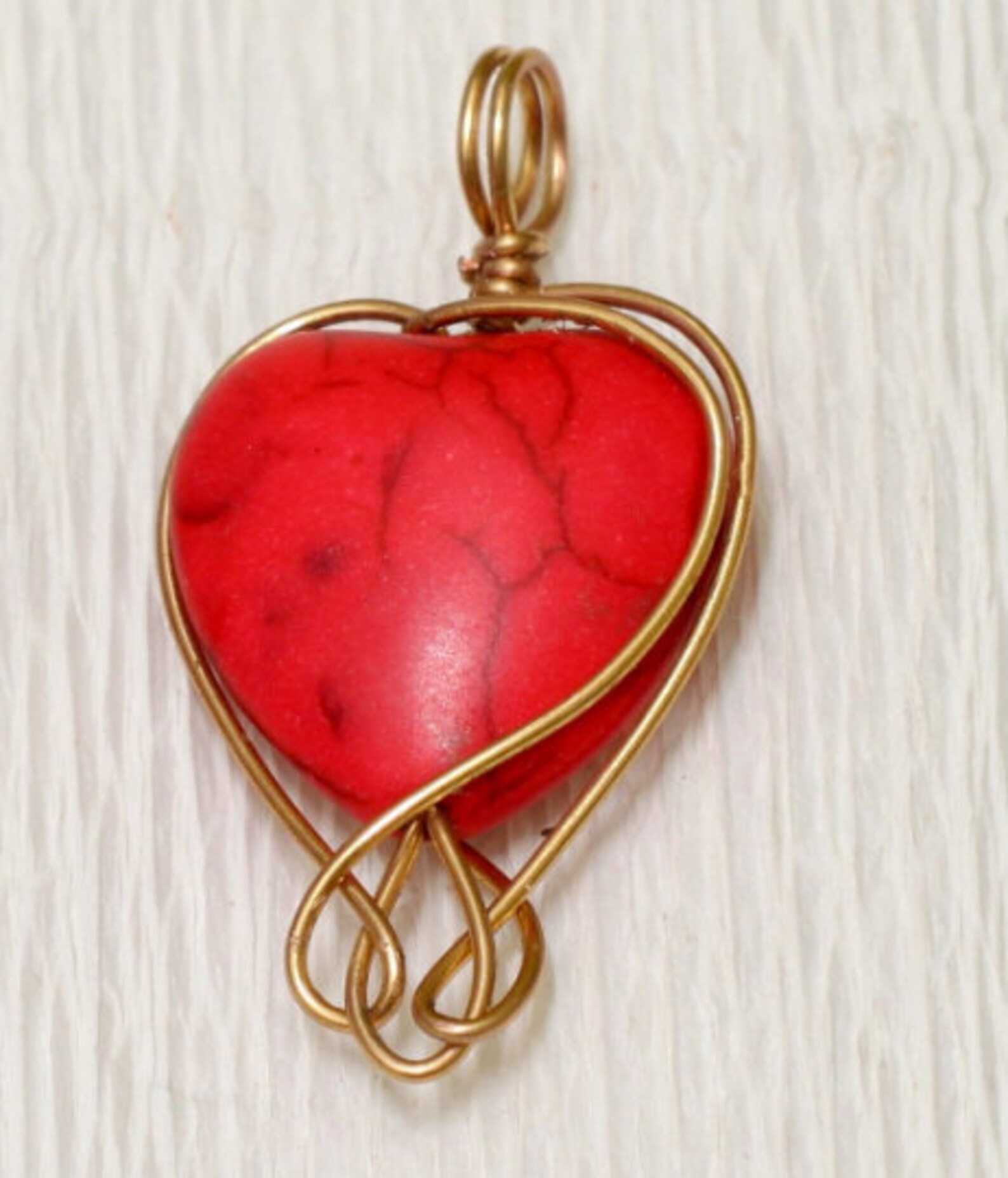 Red Heart Necklace Pendant, Howlite Love Charm, Wire Wrap Jewelry for ...