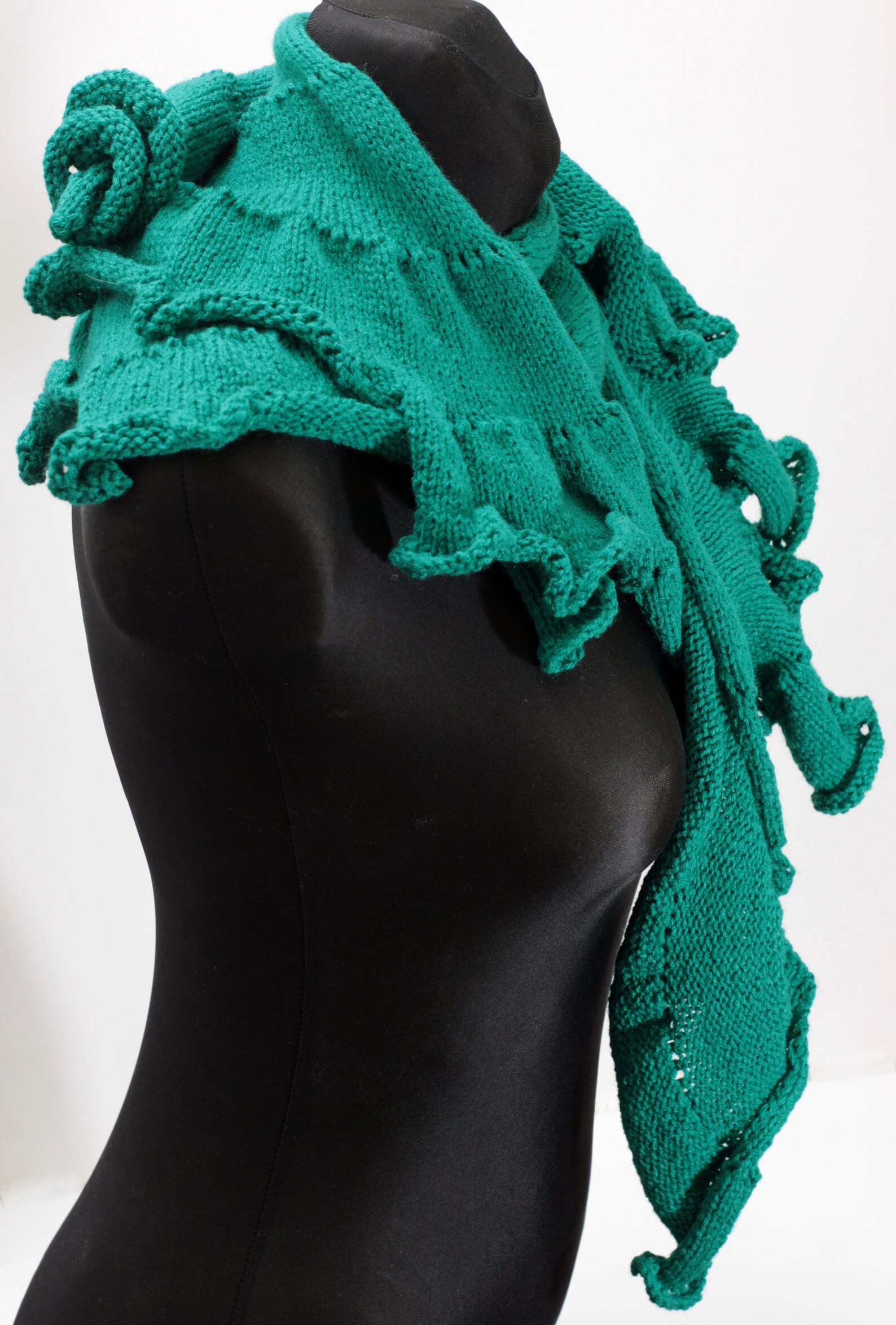 Hand Knitted Green Scarf Long Ruffles Shawl Unique Knitted - Etsy