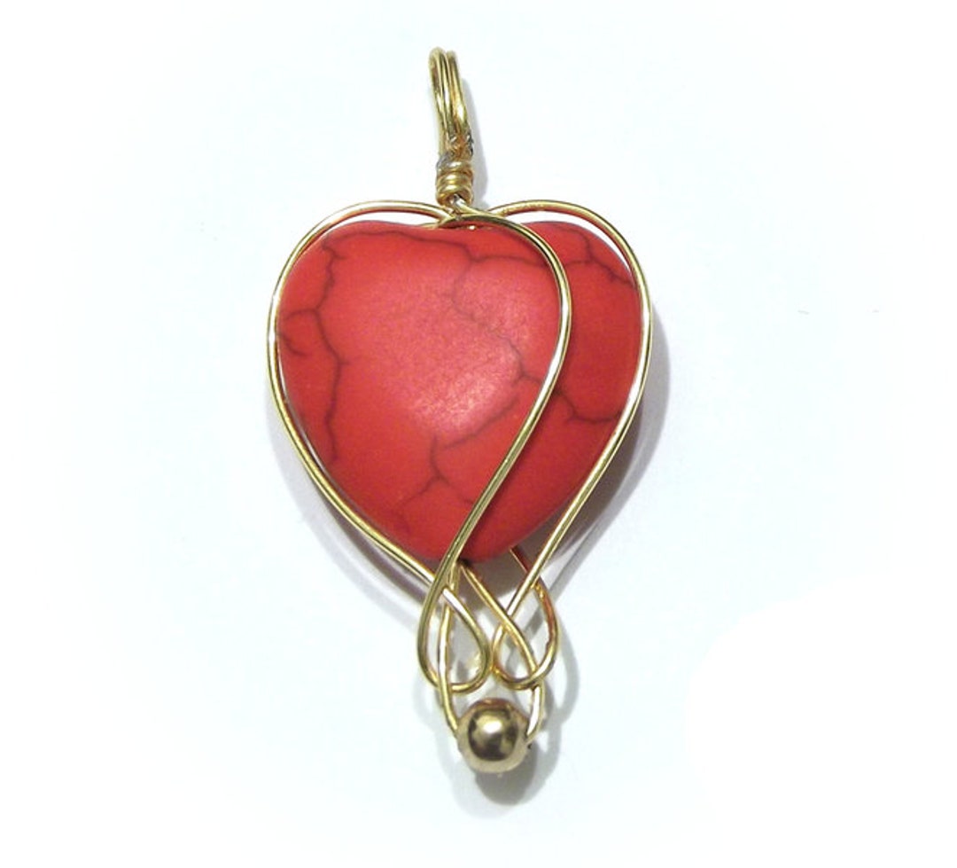 Red Heart Necklace Pendant, Howlite Love Charm, Wire Wrap Jewelry for ...
