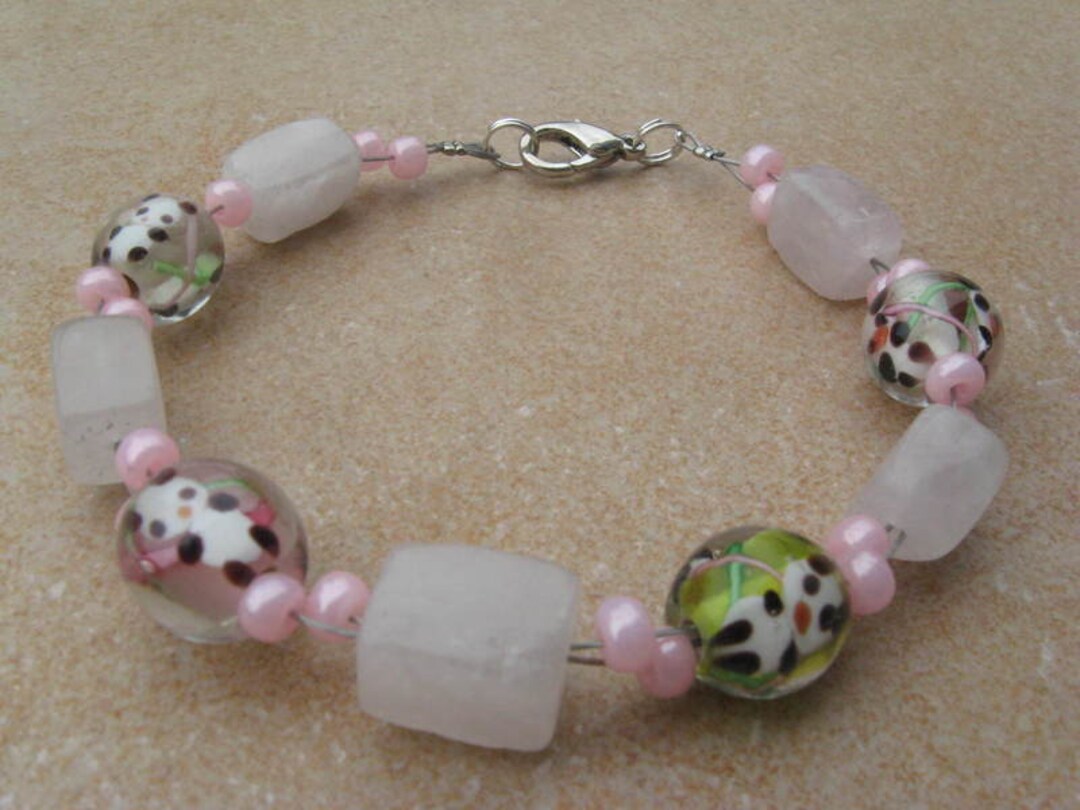 Pulsera de cuarzo rosa "oso panda", pulsera rosa, pulsera de cuentas de ...