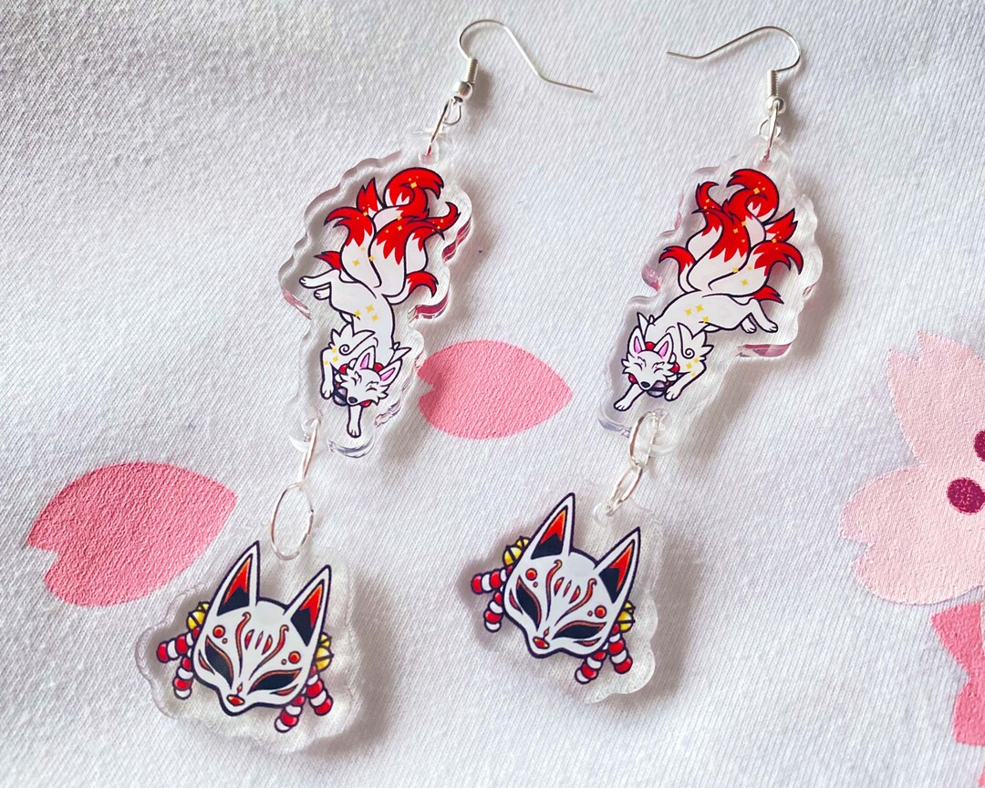 Kitsune & Mask Dangle Acrylic Earrings Japanese Folklore Clip on ...