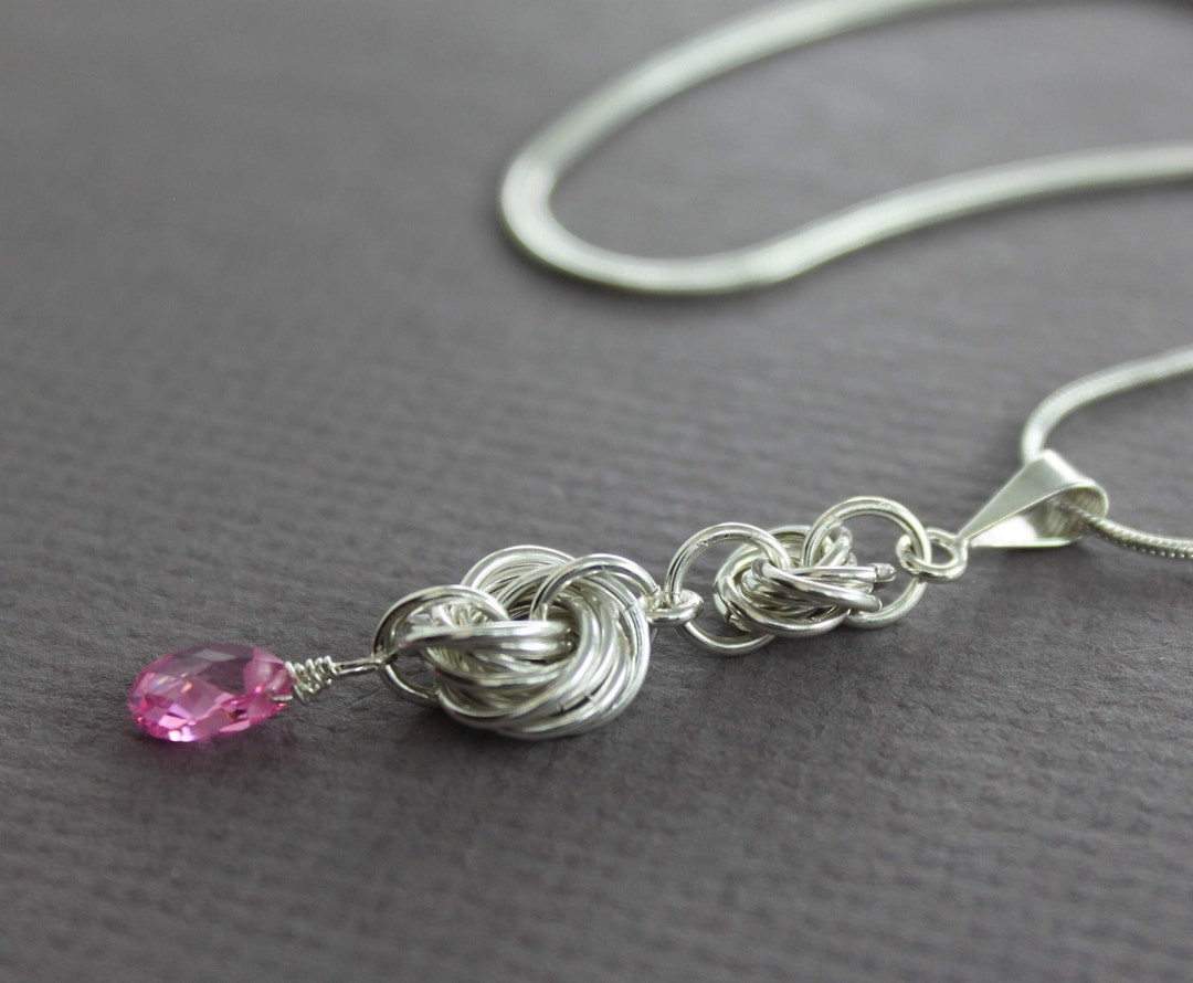 Sterling Silver Chainmail Pendant: Pink Cubic Zirconia Necklace - Etsy
