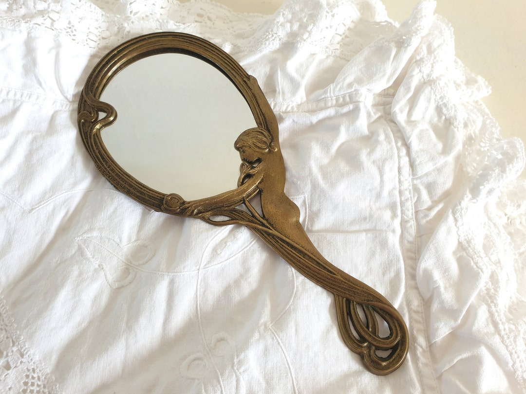 Old Hand Mirror, Vintage Mirror, Pocket Mirror, Art Nouveau, Brass ...