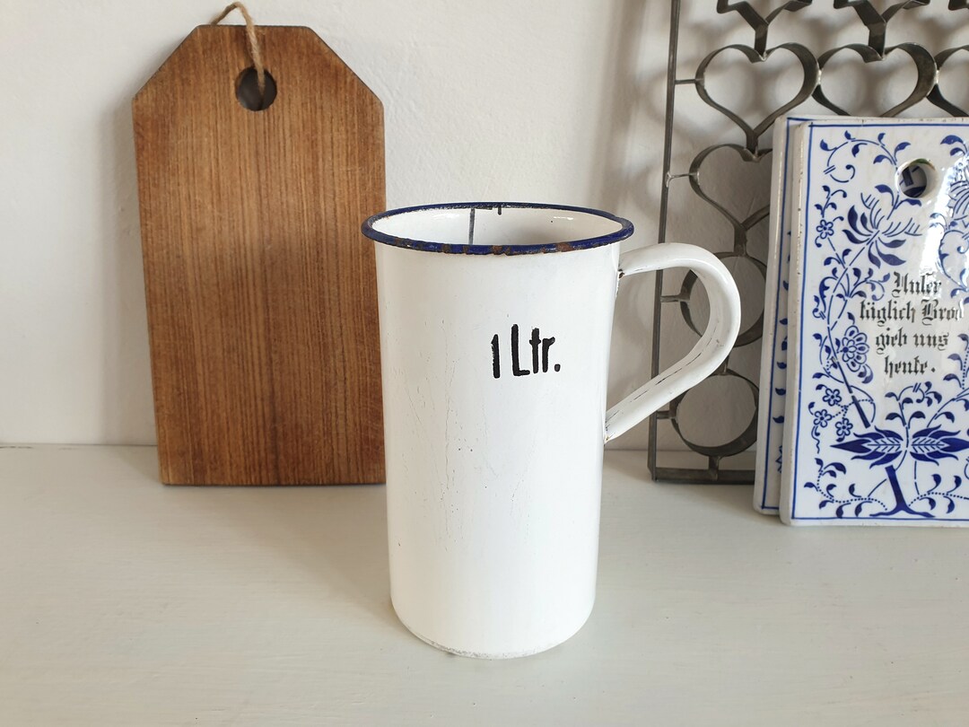 Old Measuring Cup, Antique Jug, Kitchen Measure Enamel, 1L Milk Pot ...