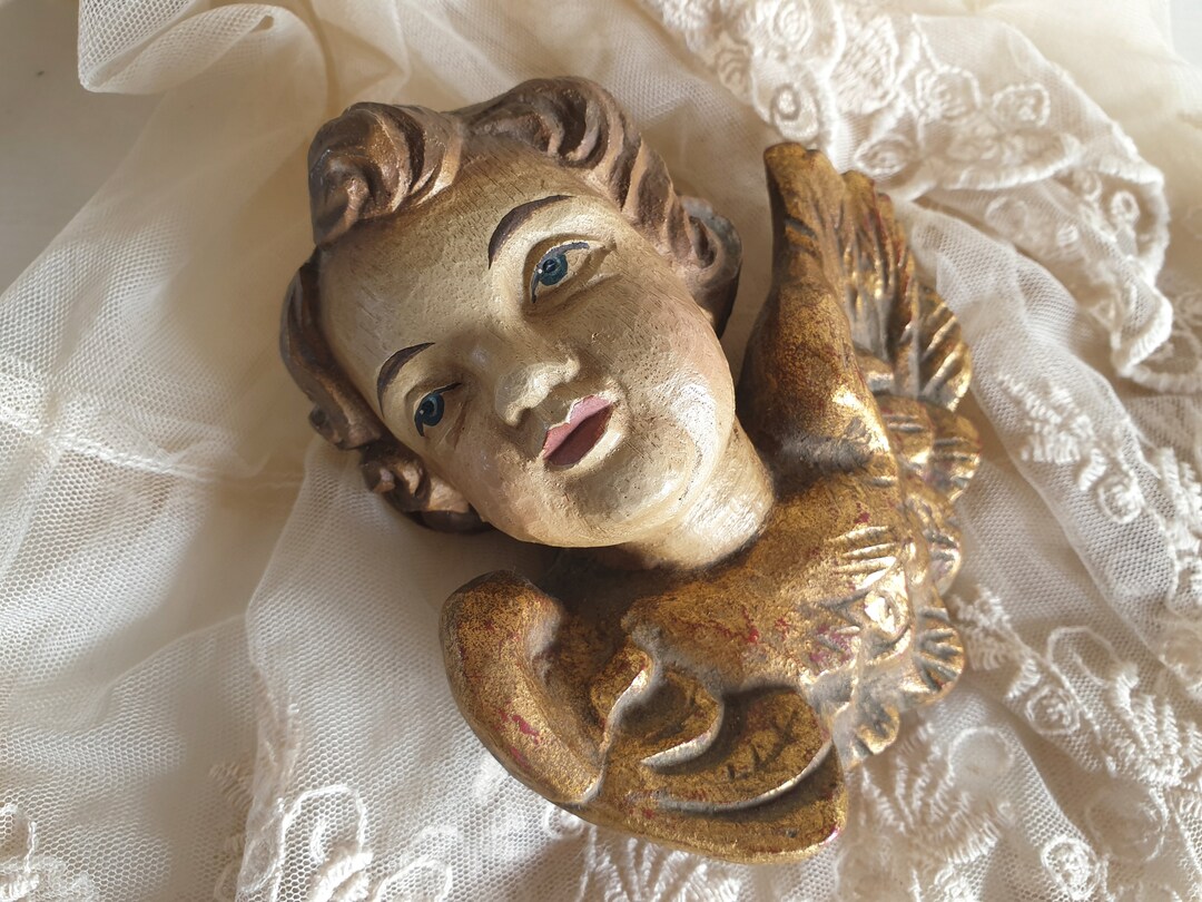 Antique Florentine Angel Head, Antique Wall Angel, Cherub, Wood ...
