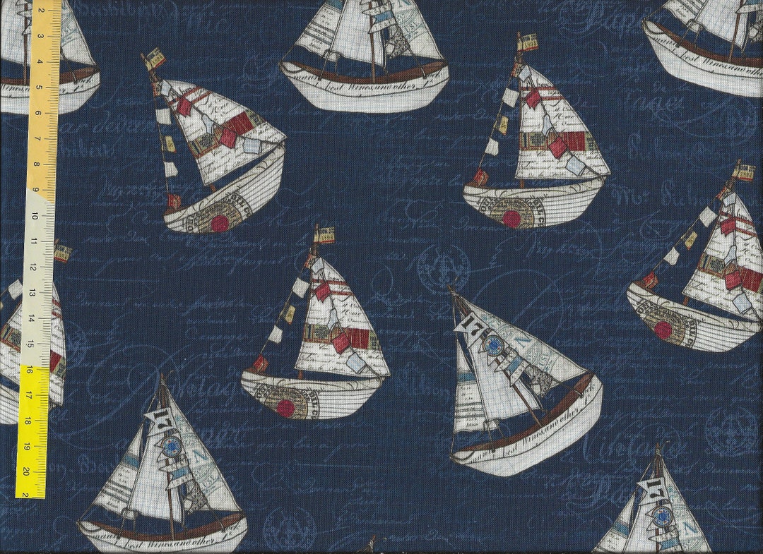 Patchwork Fabric "set Sail" Large Sailboats on Dark Blue Background ...