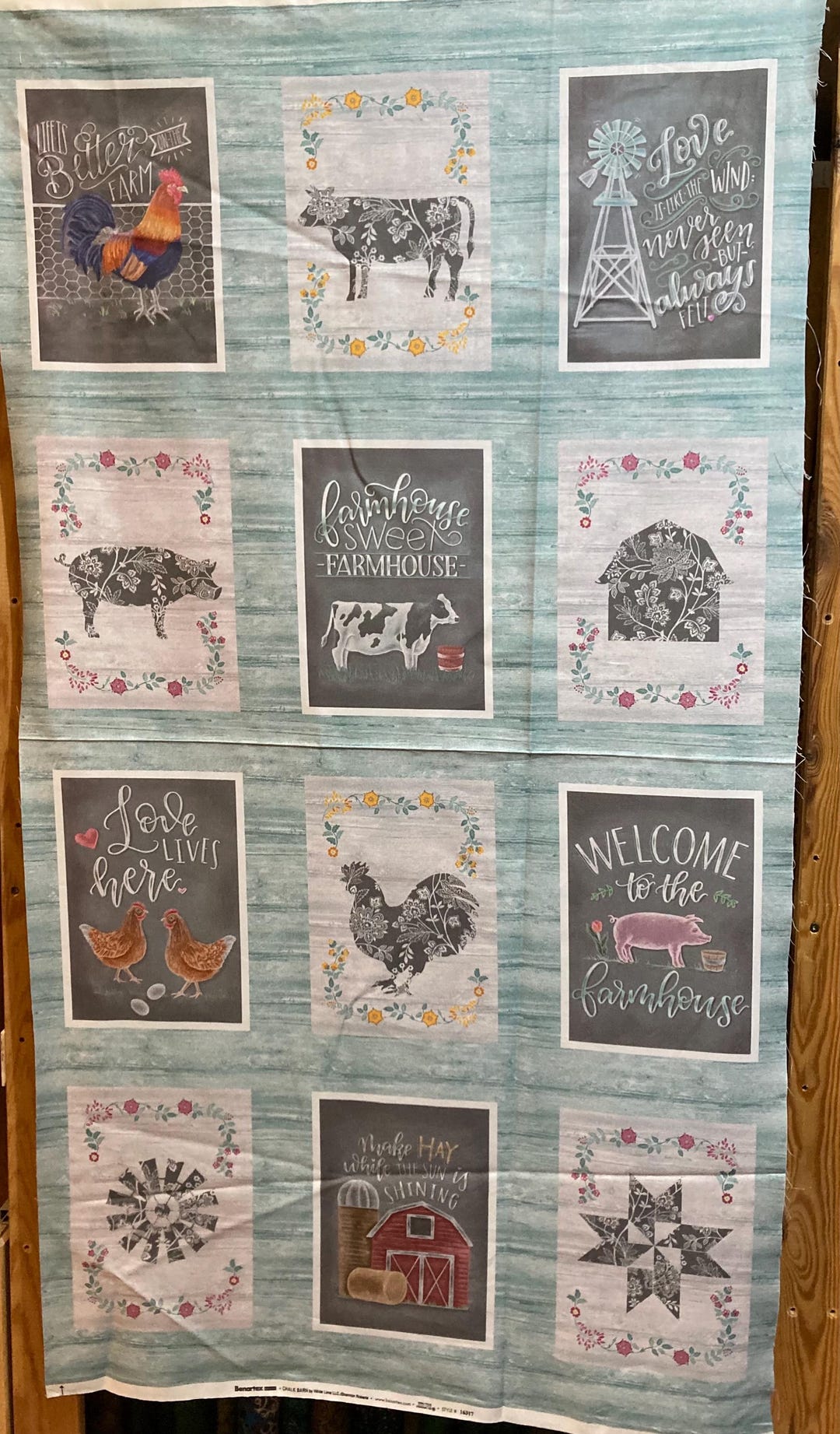 Patchwork Fabric "chalk Barn" Panel, Benartex, Farm, Cows, Chickens ...