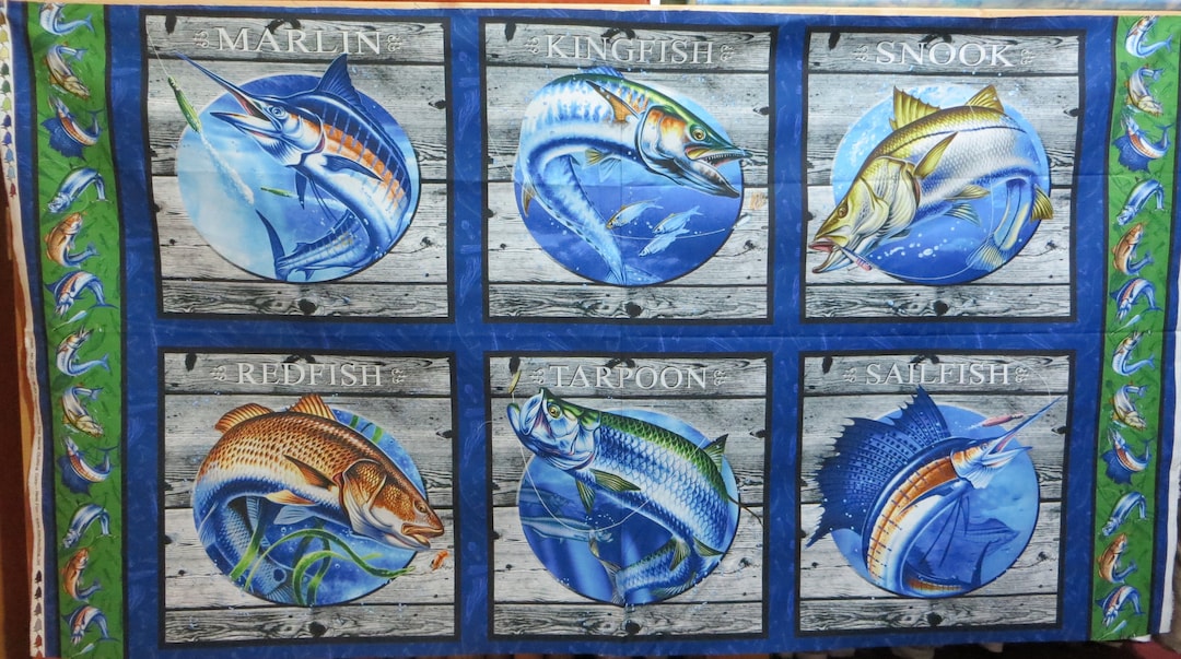 Patchwork Fabric "reel Fun" Panel, Fish, Angler, Swordfish, - Etsy