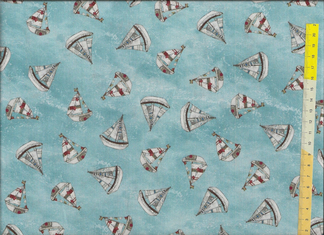 Patchwork Fabric set Sail Small Sailboats on Light Blue Marbled Ground ...
