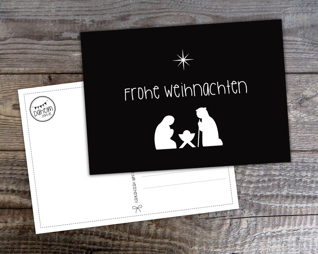 Merry Christmas Postcard With Nativity Scene Monochrome Style Black and ...