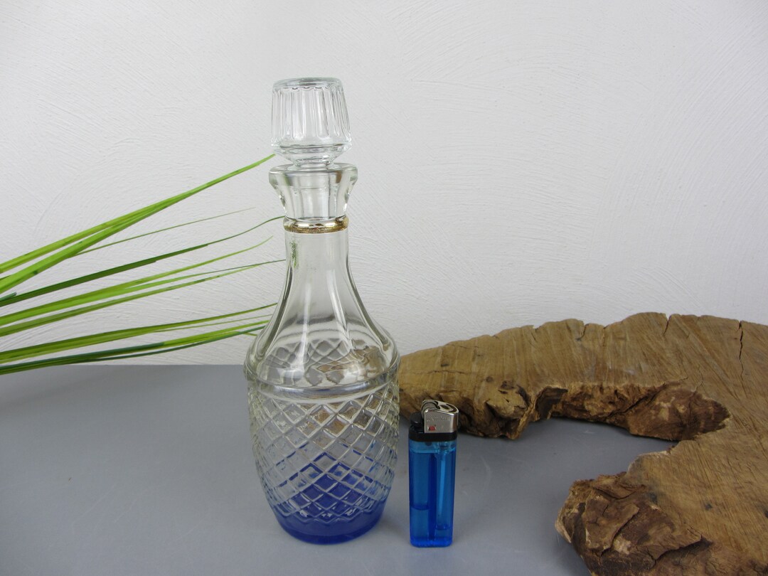 Small Carafe With Blue Base and Gold Rim, Mid Century Liqueur Carafe ...