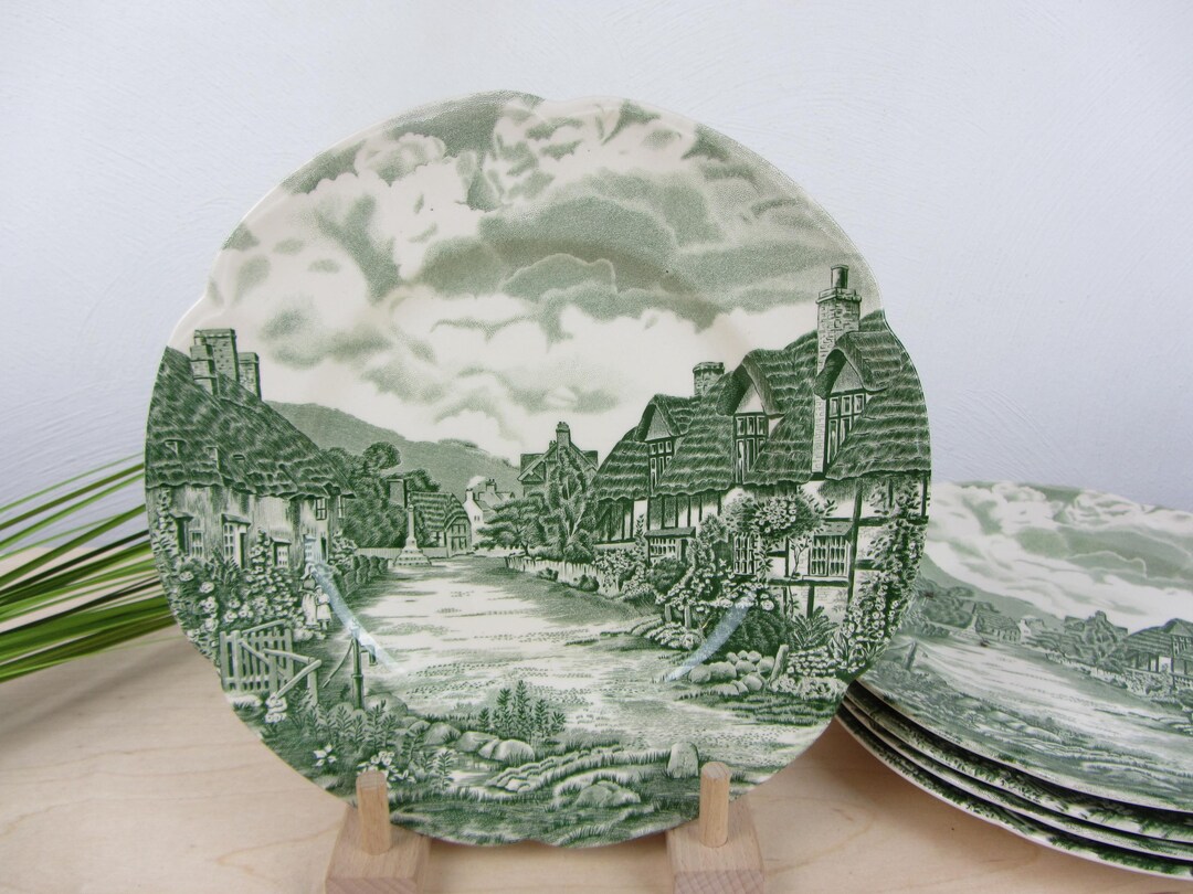 5 Green DINNER PLATES, Ironstone Transferware, English Ceramic Plates ...