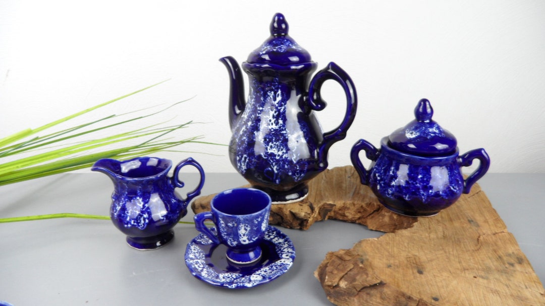 TEA SERVICE 9 People Vallauris, Blue Ceramic Crockery, Teapot, Milk Jug ...