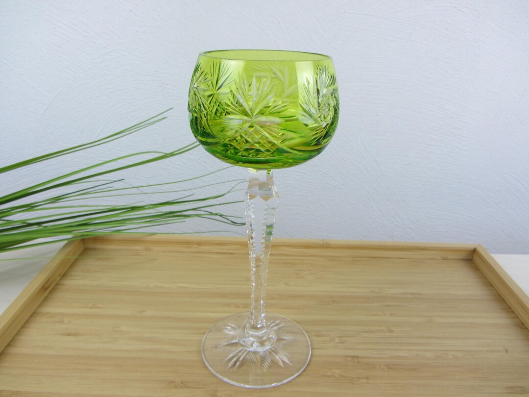 Vintage Green Overlay Crystal Wine Glass, Hand-cut, Mid-century Style ...