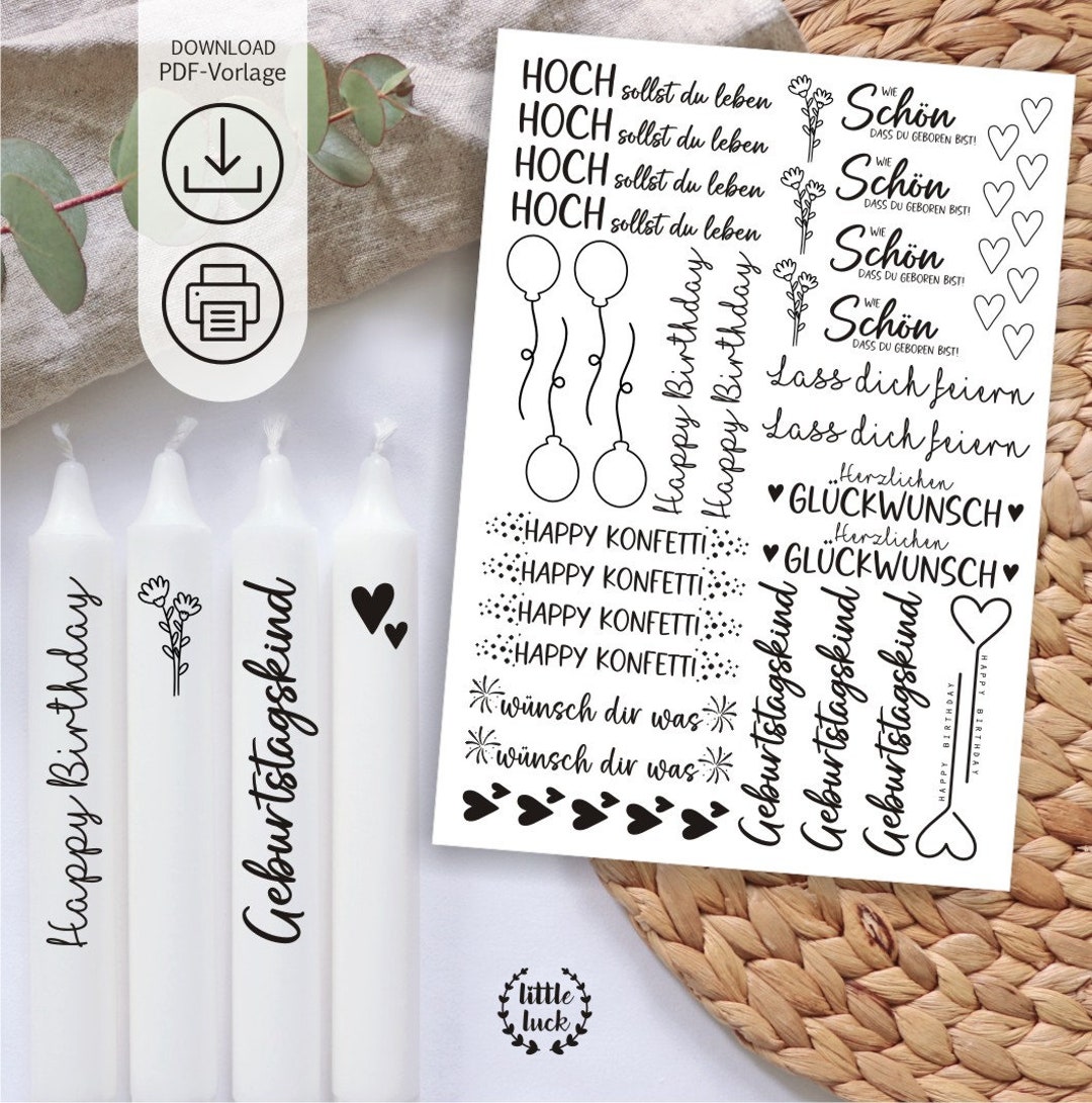 Birthday Candle Stickers PFD Candle Tattoo Template Birthday Printable ...