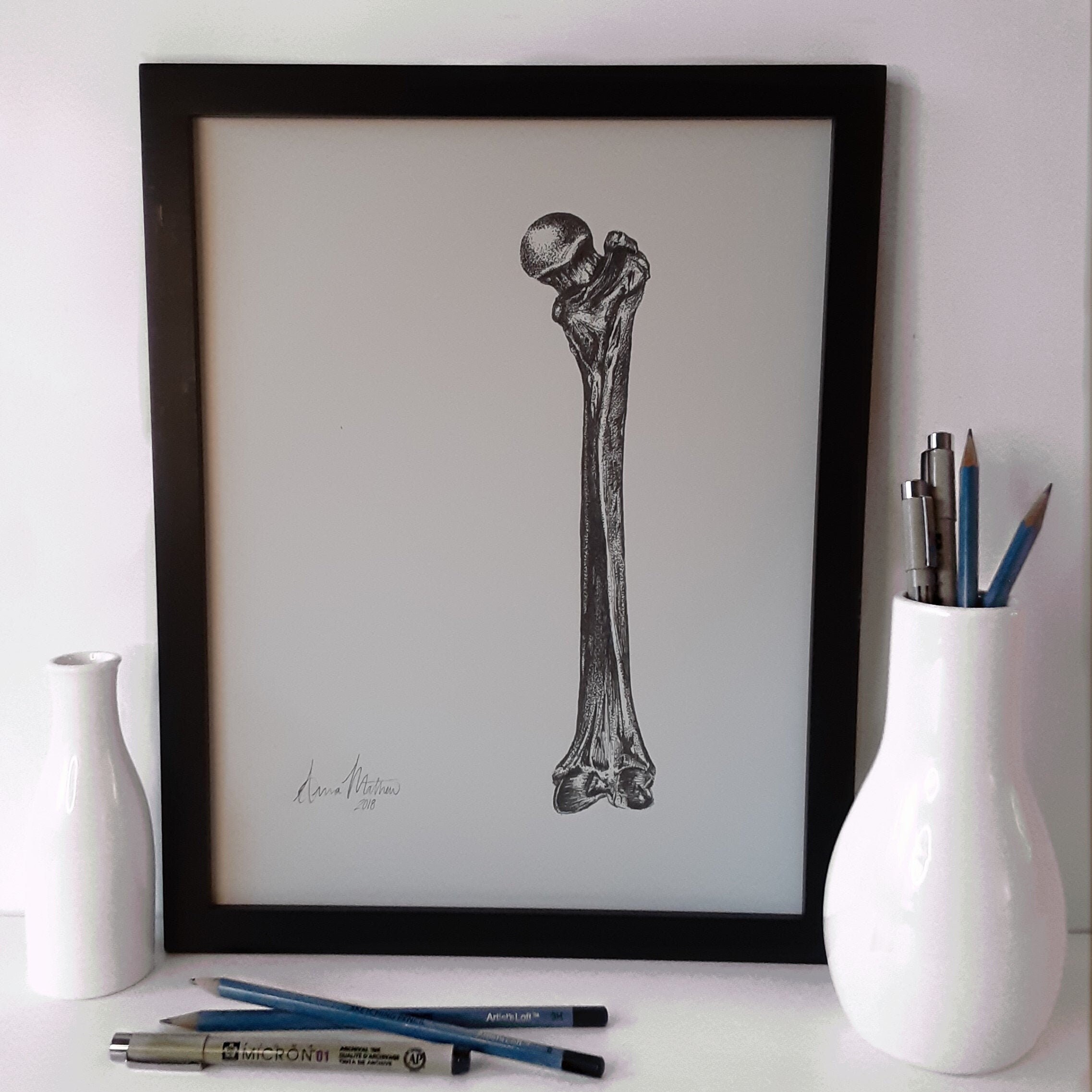 ANATOMICAL FEMUR, 5 x 7, 8 x 10, or 11 x 14 art print, pen and ink ...