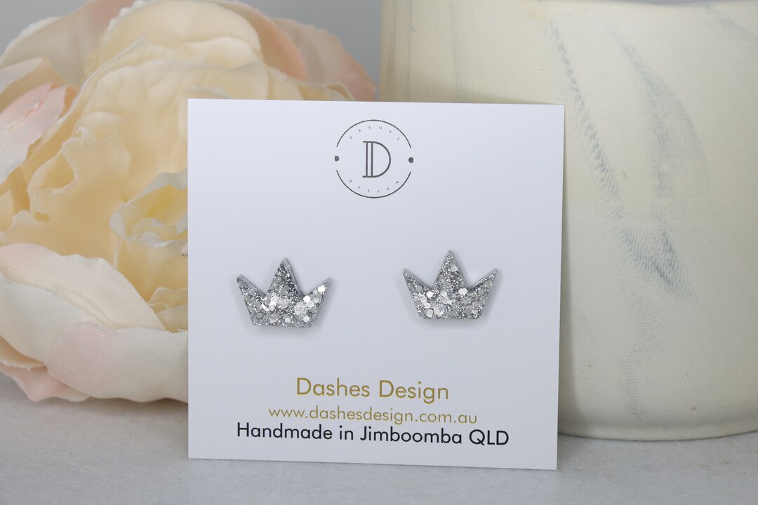 Silver Sparkly Crown Studs, Statement Studs, Handmade Resin Earrings ...