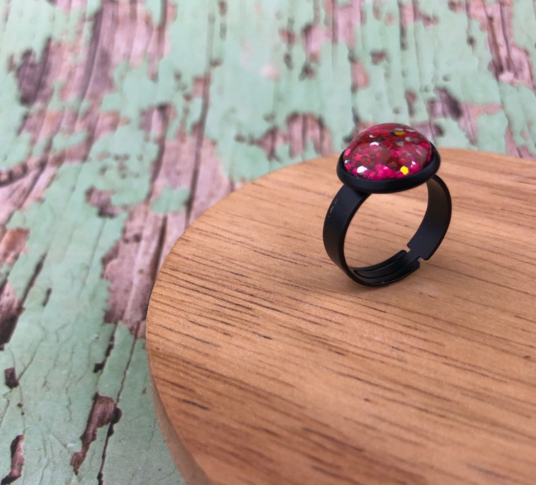 Pink Glitter Ring, Adjustable Simple Black Band Ring, Great Gift Idea ...