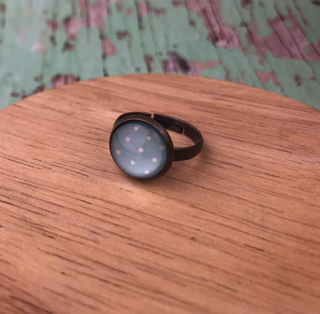 Pale Blue White Polka Dot Ring, One Size Fits All, Bronze Ring, Gift ...