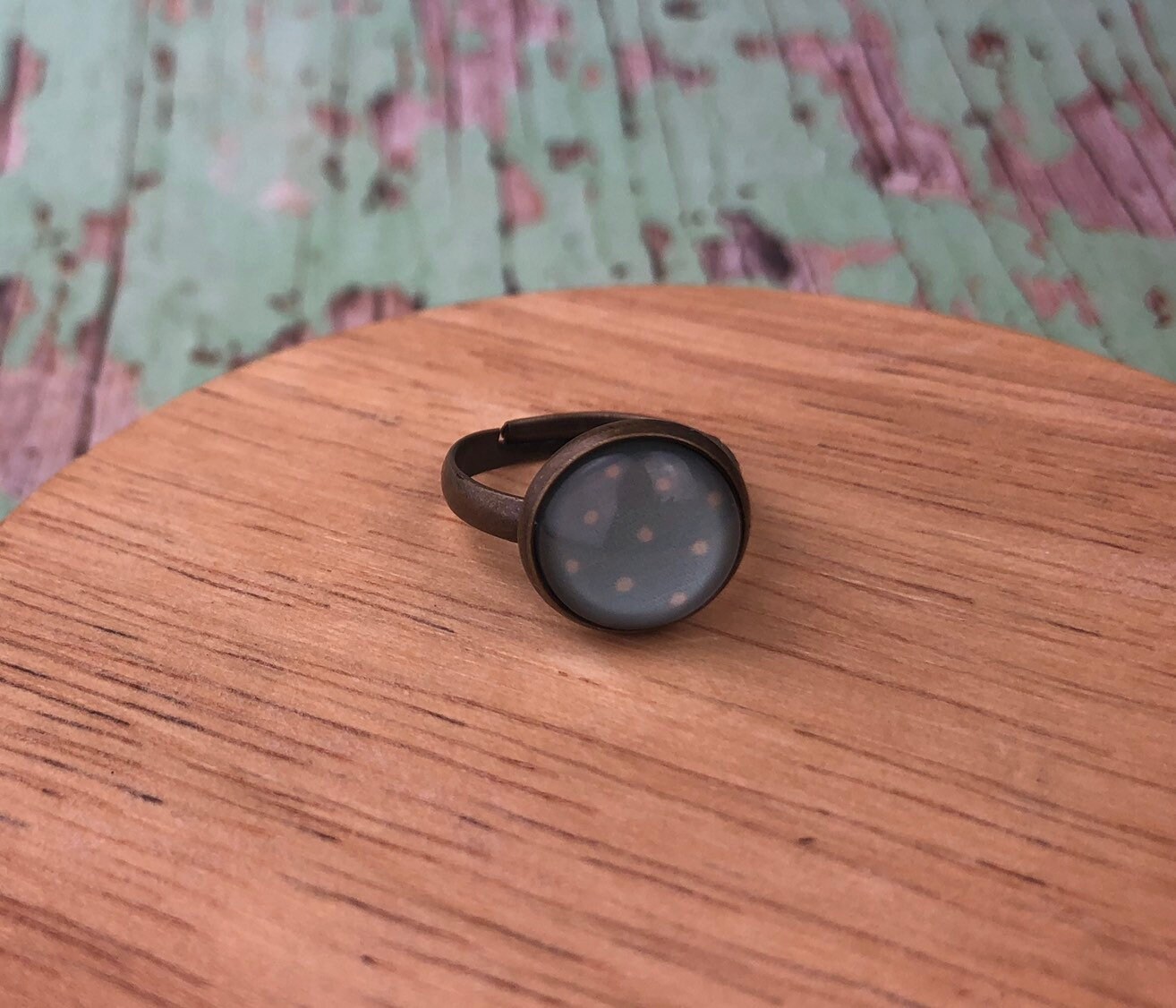 Pale Blue White Polka Dot Ring, One Size Fits All, Bronze Ring, Gift ...