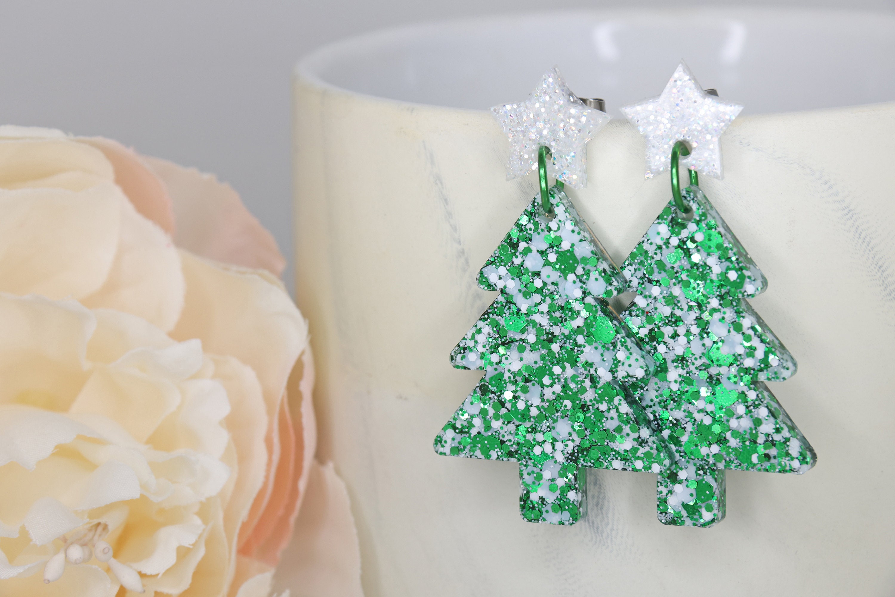 Red Glittery Christmas Tree Dangle Earrings, Glittery Resin Christmas ...