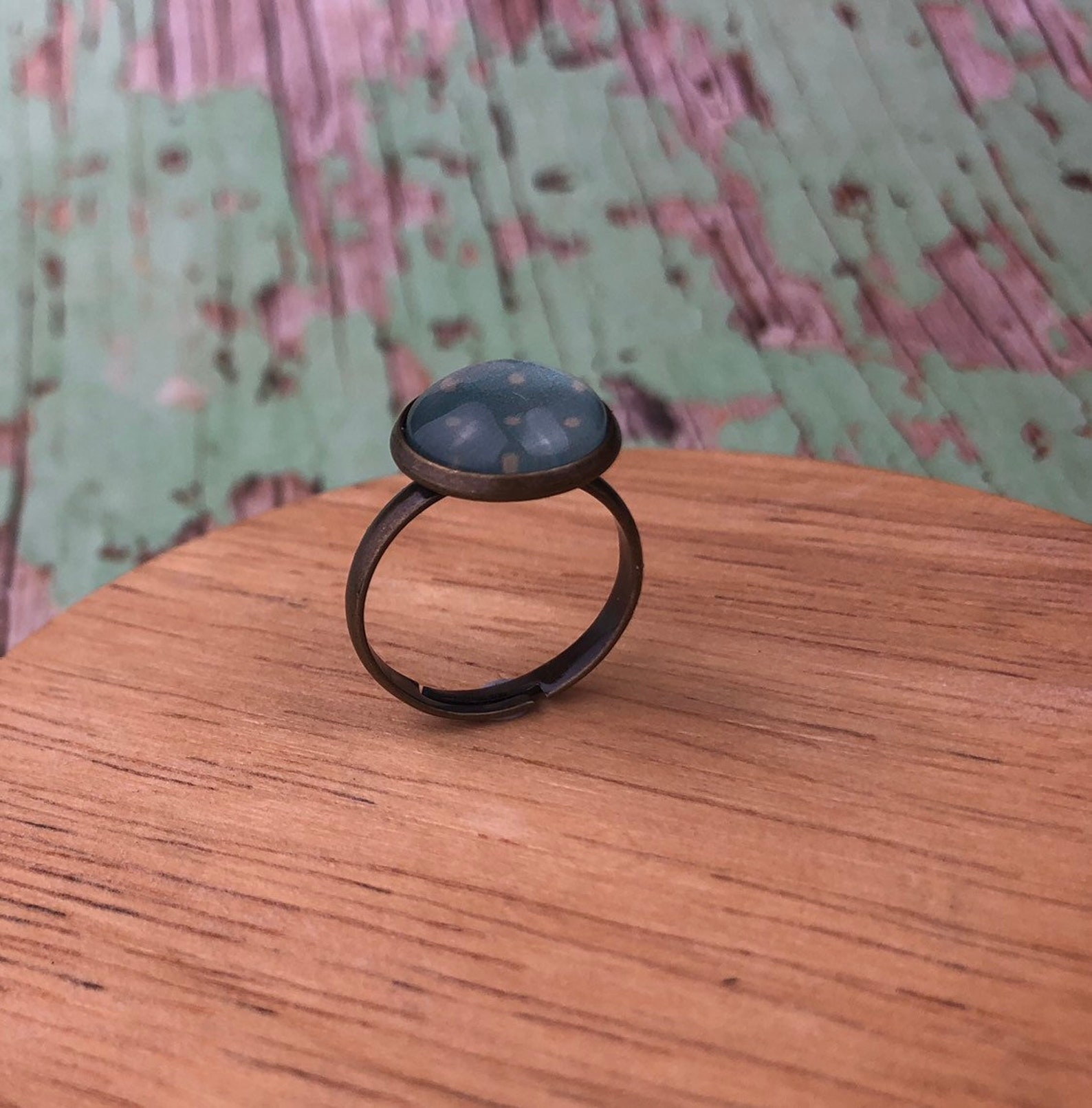 Pale Blue White Polka Dot Ring, One Size Fits All, Bronze Ring, Gift ...