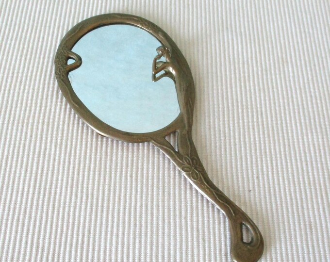 Hand Mirror Cosmetic Mirror Solid Brass 60s Art Nouveau Motif True ...